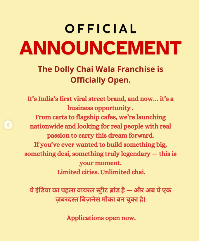 Dolly Chaiwala launches Dolly ki Tapri Franchise